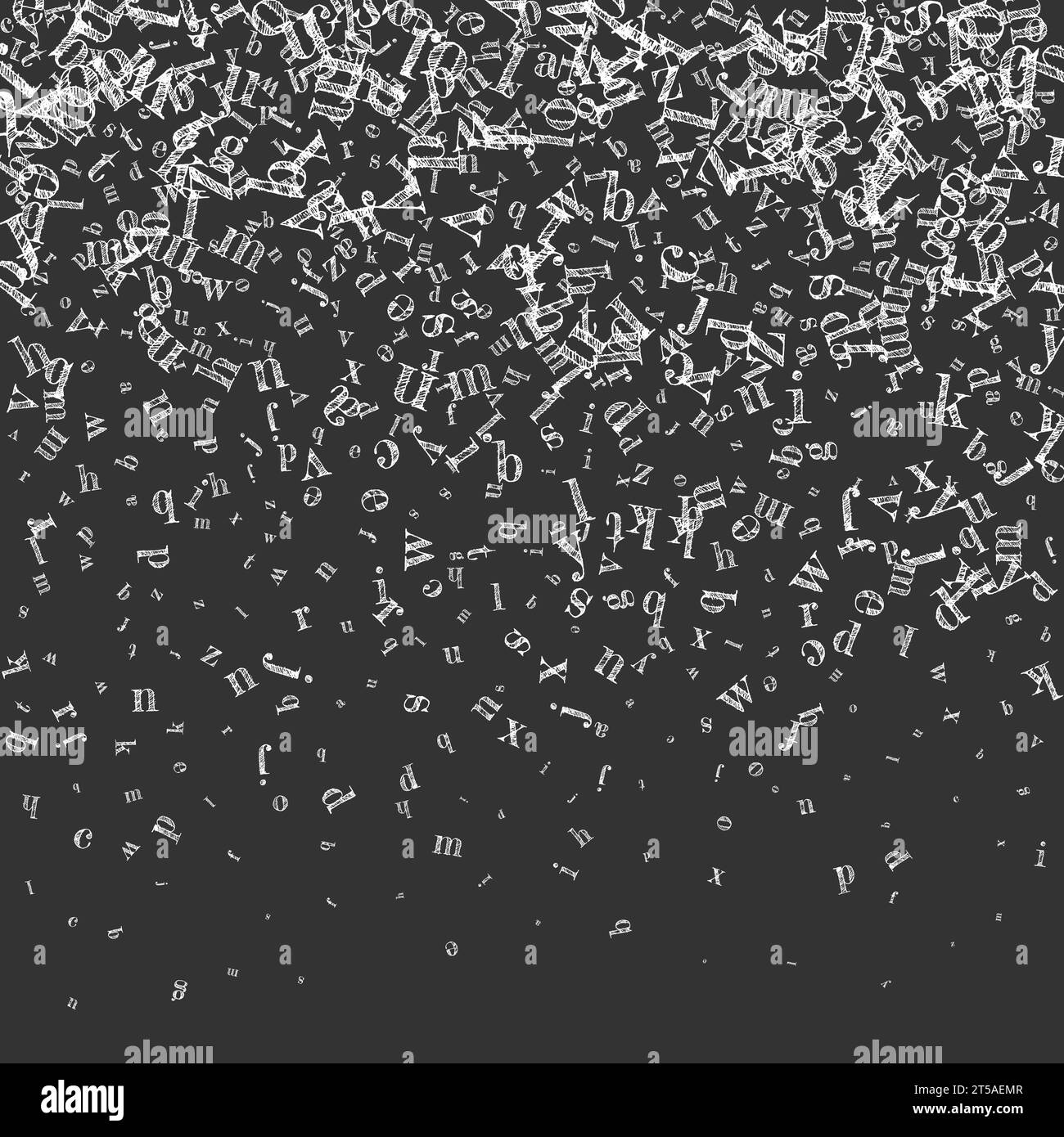 Flying latin letters. White chalk scattered charachters of English ...