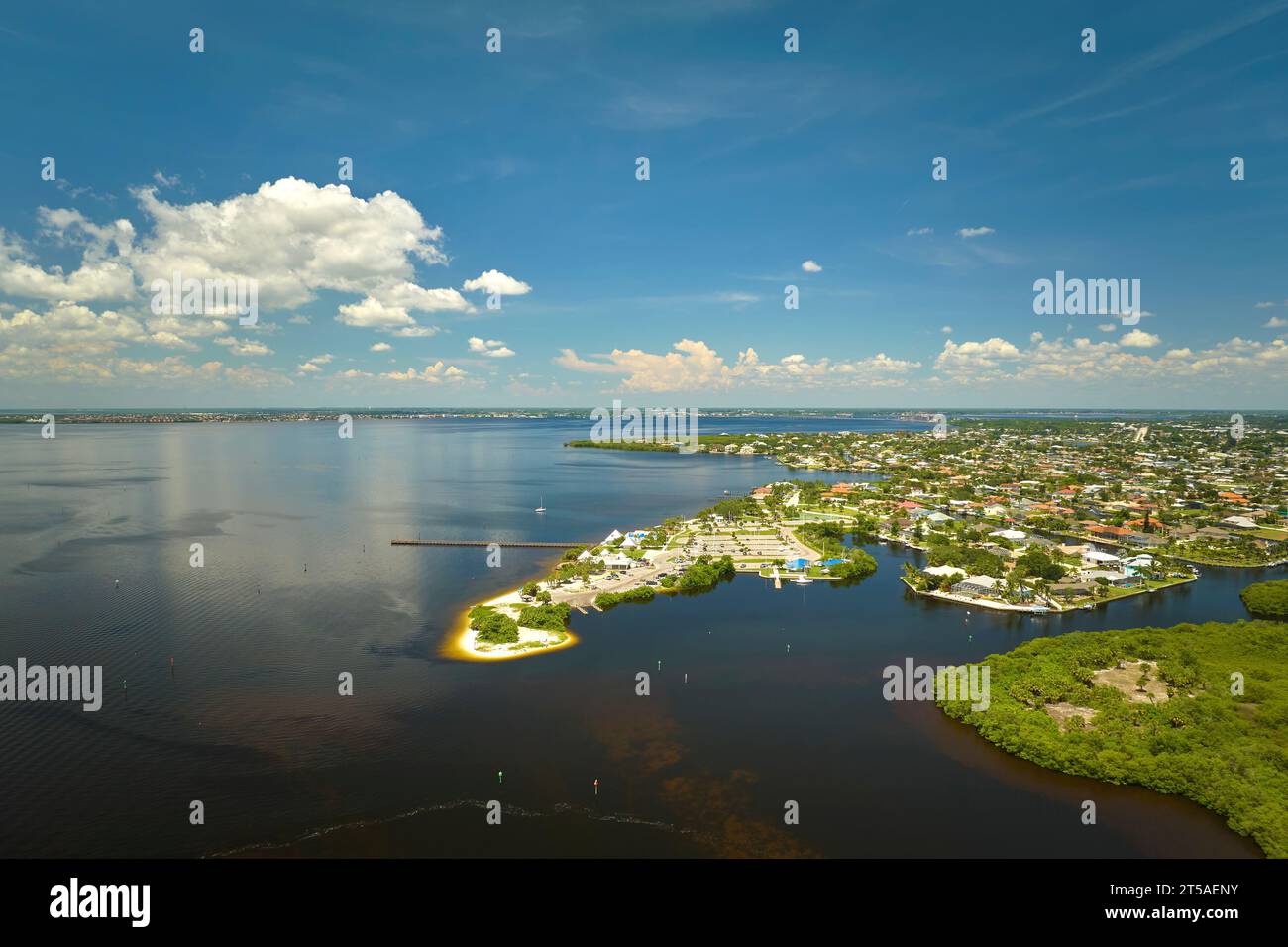 Overhead view of Everglades swamp with green vegetation between water ...