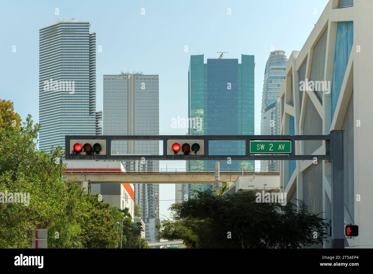 Overhead traffic lights high above street in Miami, Florida Stock Photo ...