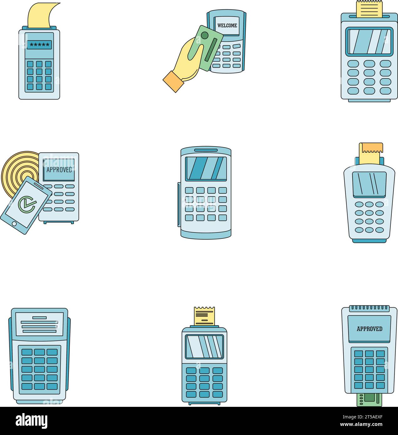 Bank terminal card credit machine icons set. Outline illustration of 9 ...