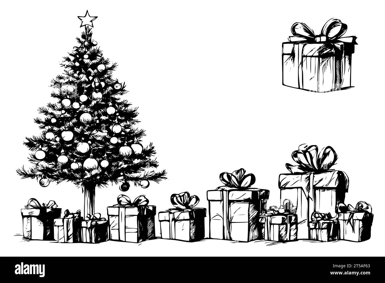 Hand drawn Christmas tree gift boxes drawing, etching, ink, line art ...