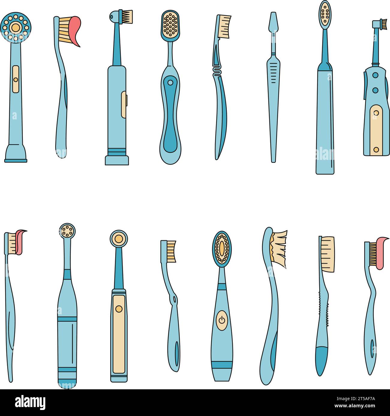 Toothbrush dental icons set. Outline illustration of 16 toothbrush dental icons thin line color ...