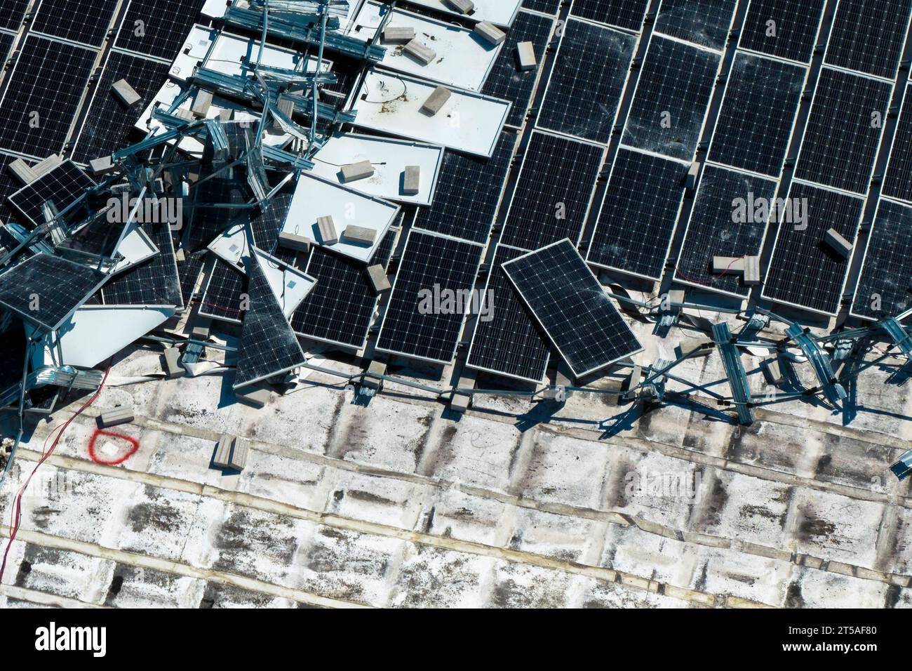 Top view of destroyed by hurricane Ian photovoltaic solar panels ...