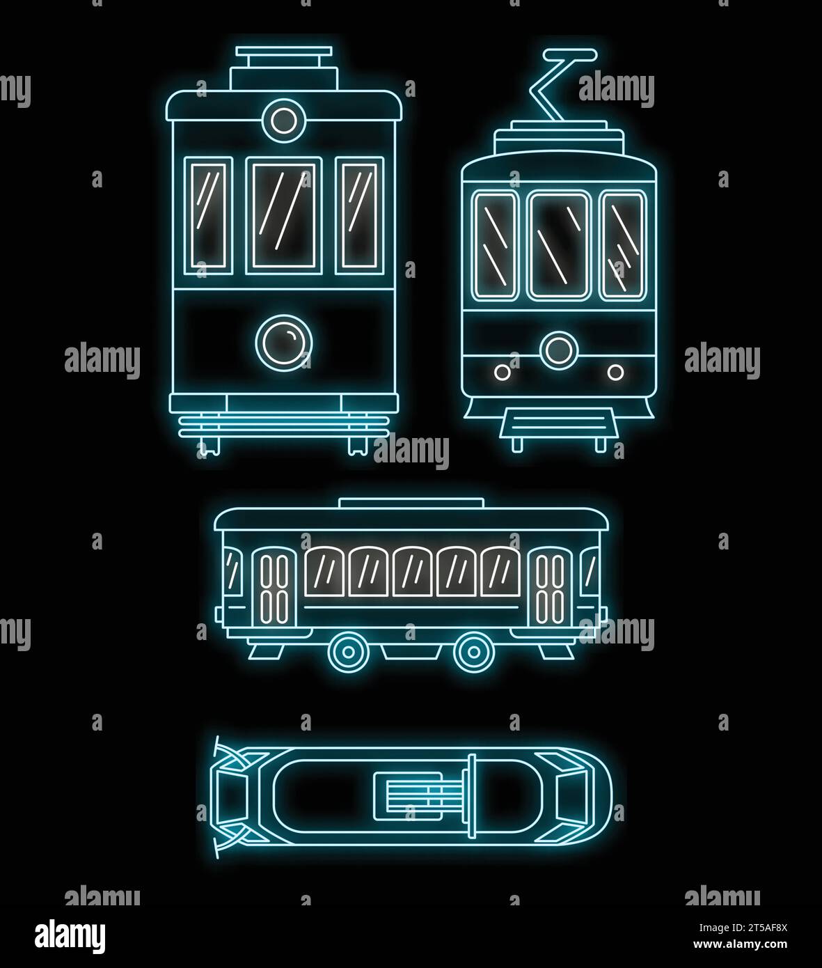 Tramway icon set. Outline set of tramway vector icons neon color on ...