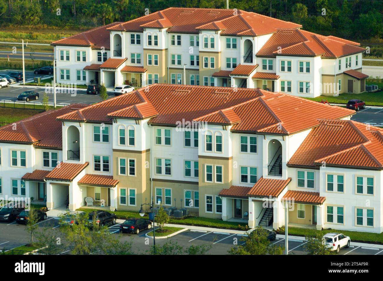 Top view of new apartment condos in Florida suburban area. Family ...