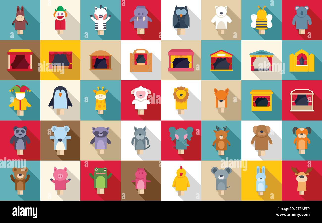 Puppet theater icons set flat vector. Marionette doll kid. Child activity Stock Vector Image ...