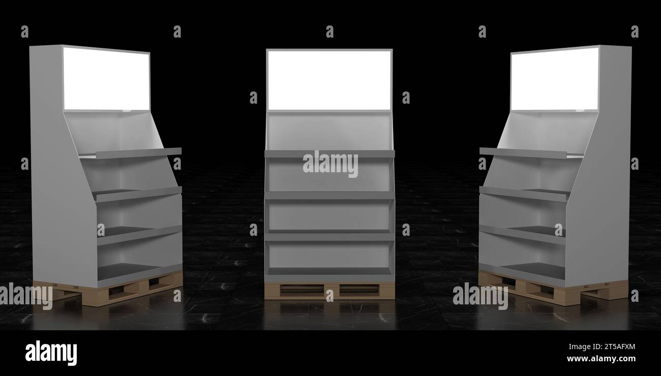 Pallet product display with led header. 3d rendering Stock Photo - Alamy