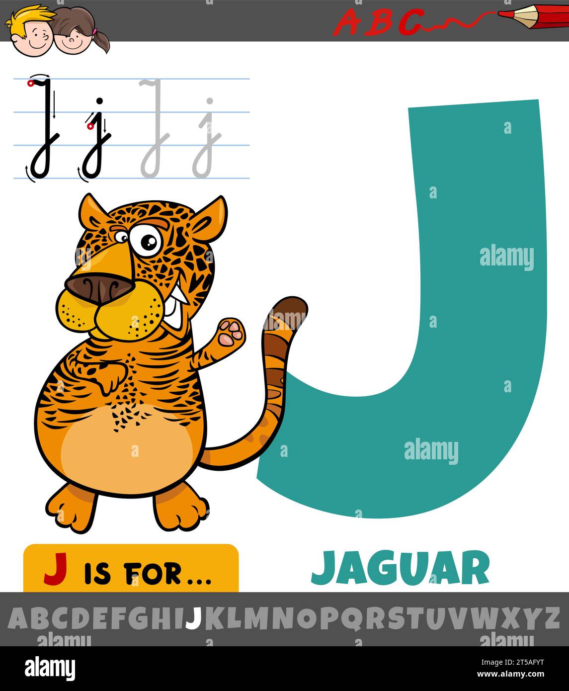 Educational cartoon illustration of letter J from alphabet with jaguar animal character Stock ...