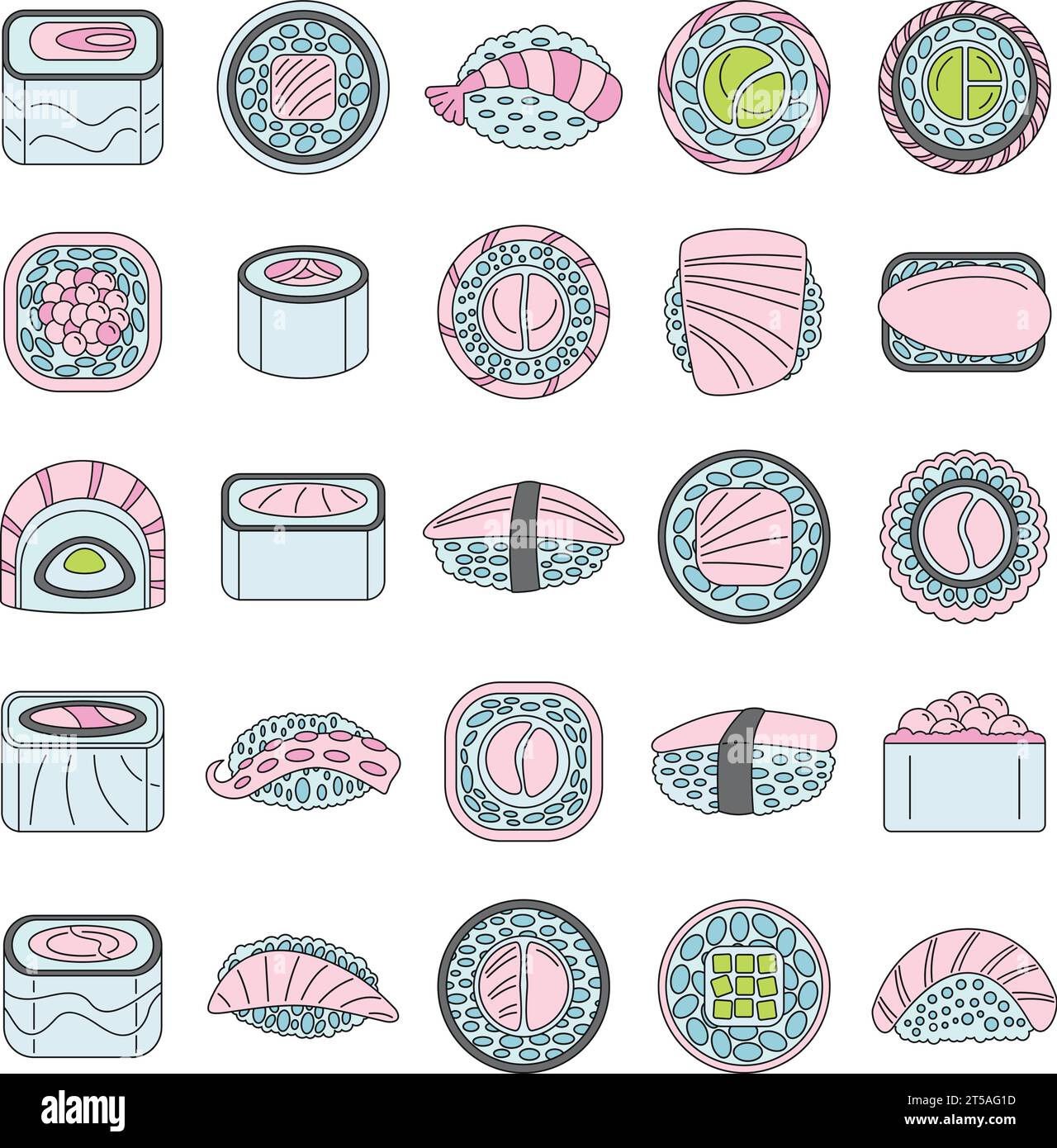 Asian sushi roll icon set. Outline set of asian sushi roll vector icons ...