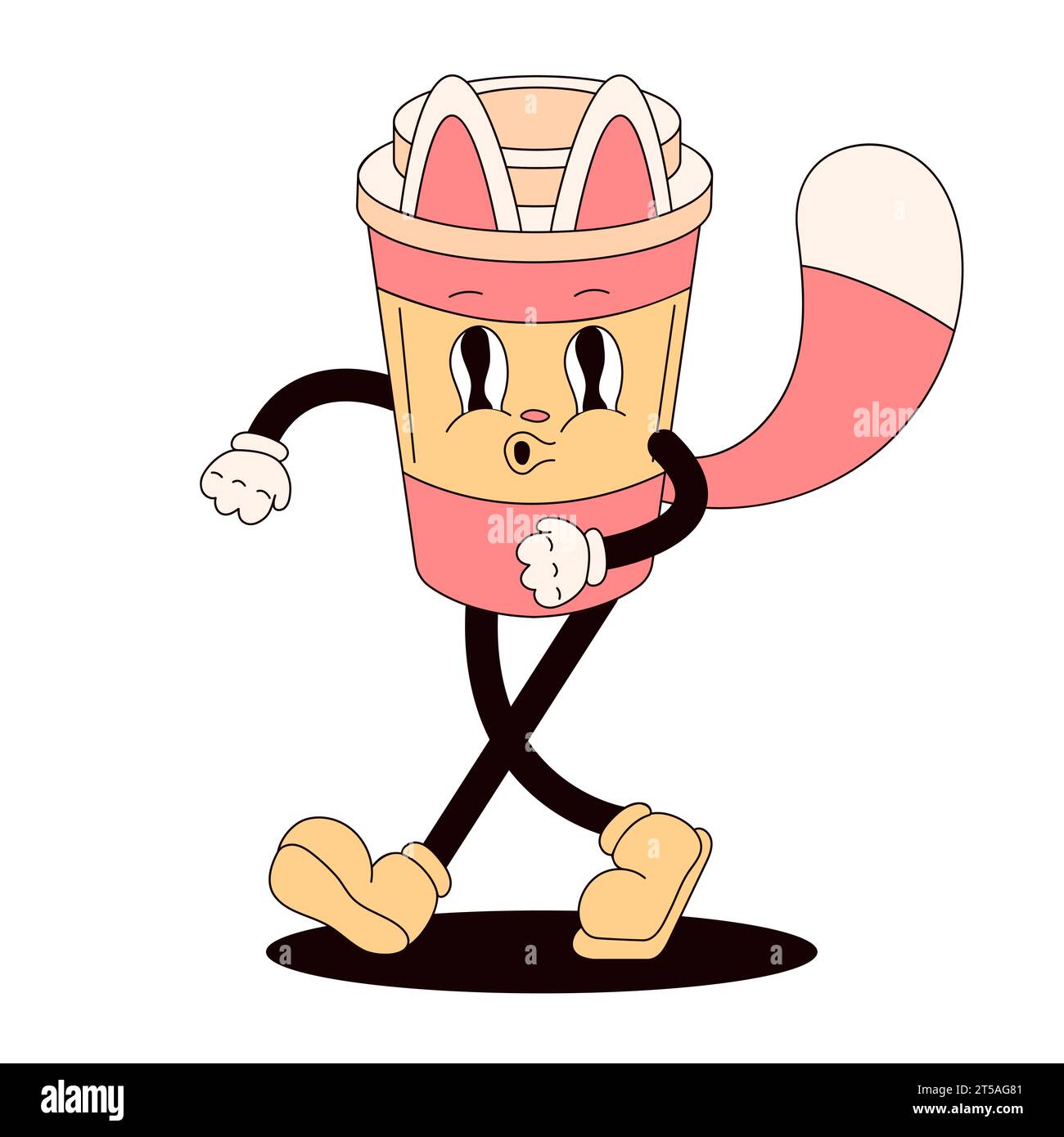 Retro groovy character in the form of a disposable cup. Walking cartoon ...