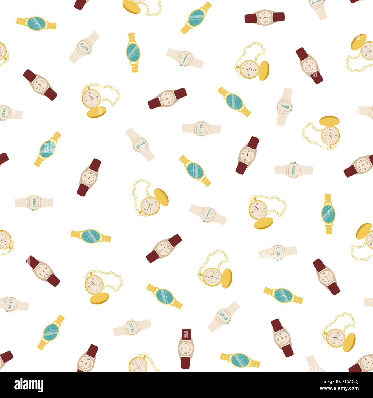 Seamless Vector Pattern With Different Clocks Types Of Wrist And Pocket Watches Illustration