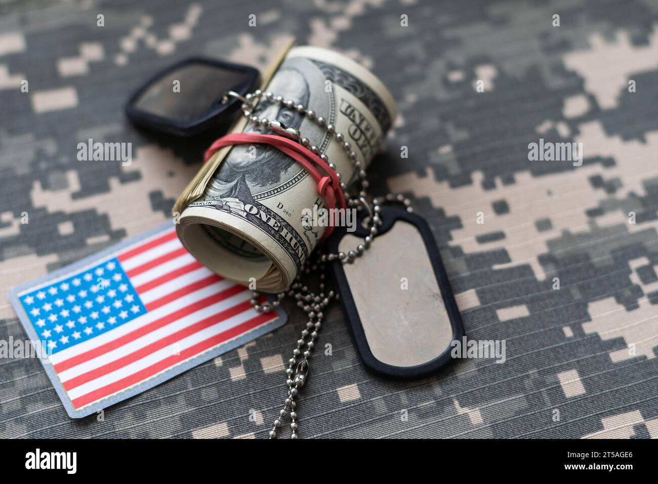 Military ID tags and US army patches on camouflage background Stock ...