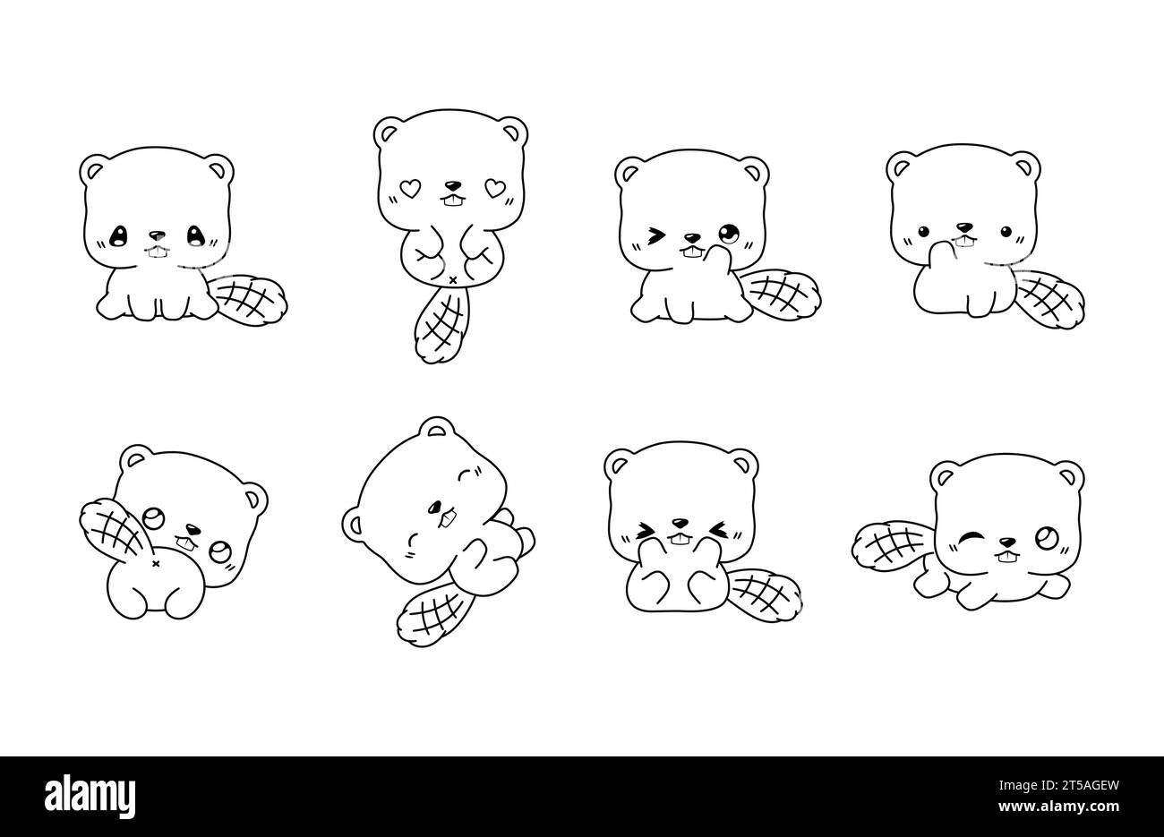 Collection of Vector Cartoon Beaver Coloring Page. Set of Kawaii ...