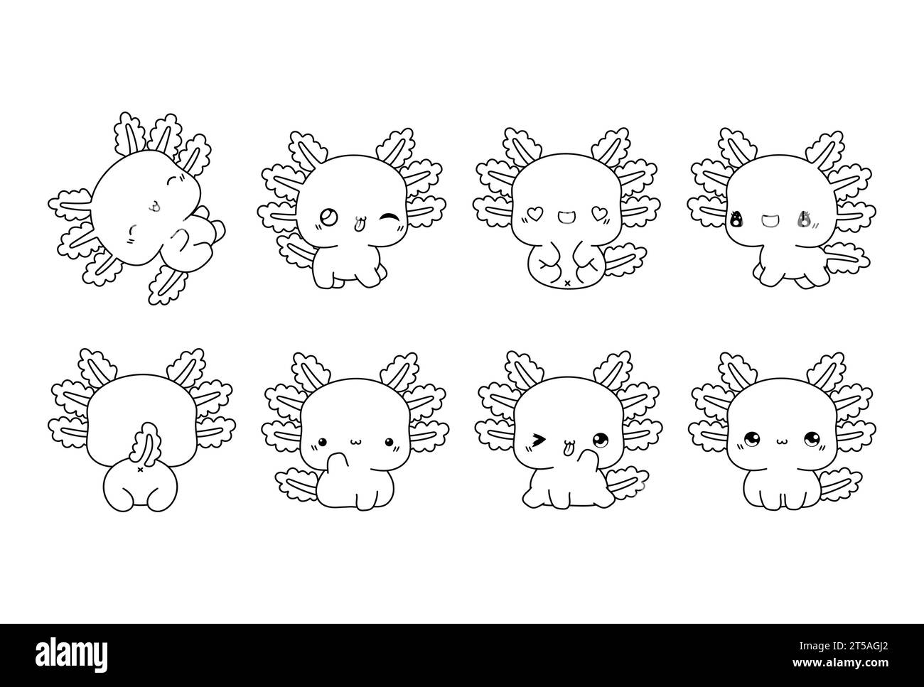Set of Kawaii Isolated Axolotl Coloring Page. Collection of Cute Vector ...