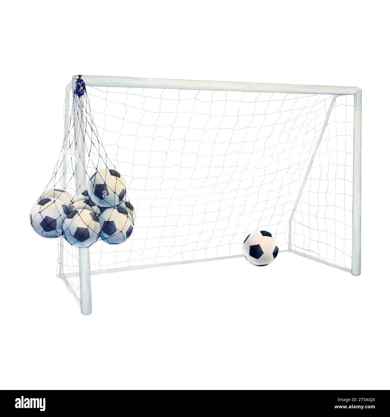 Watercolor drawing set of football or soccer goal frame with net, ball ...