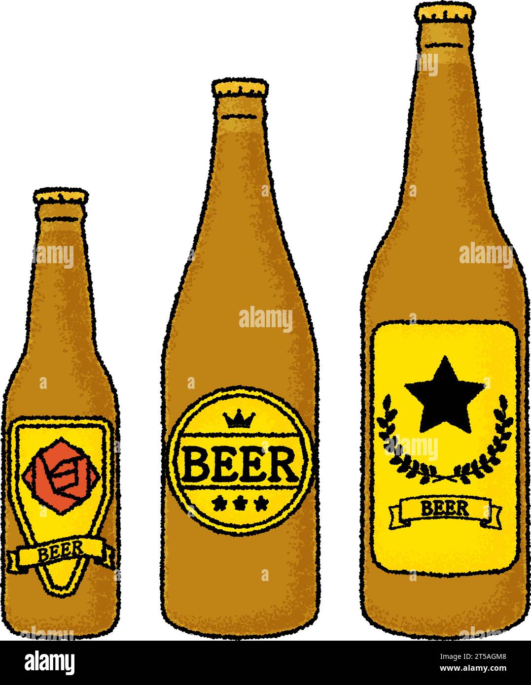 Bottled beer (large, medium and small bottles) with hand-drawn, analog ...