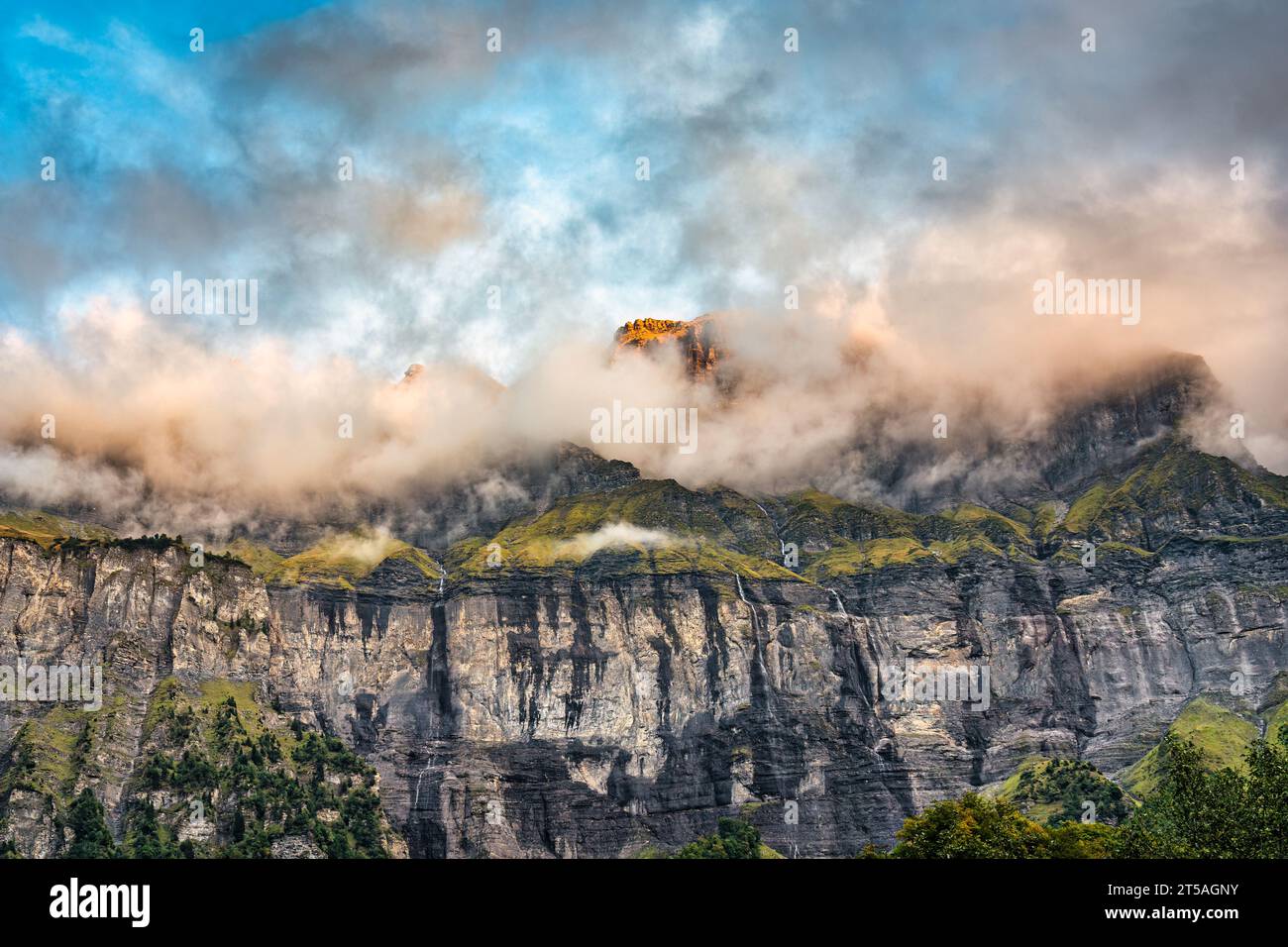 Majestic landscape of Giffre valley of mountain range with cascade and ...