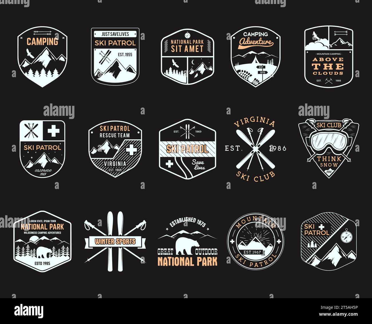 Camping Adventures badges set designs with mountains, tent and animals ...