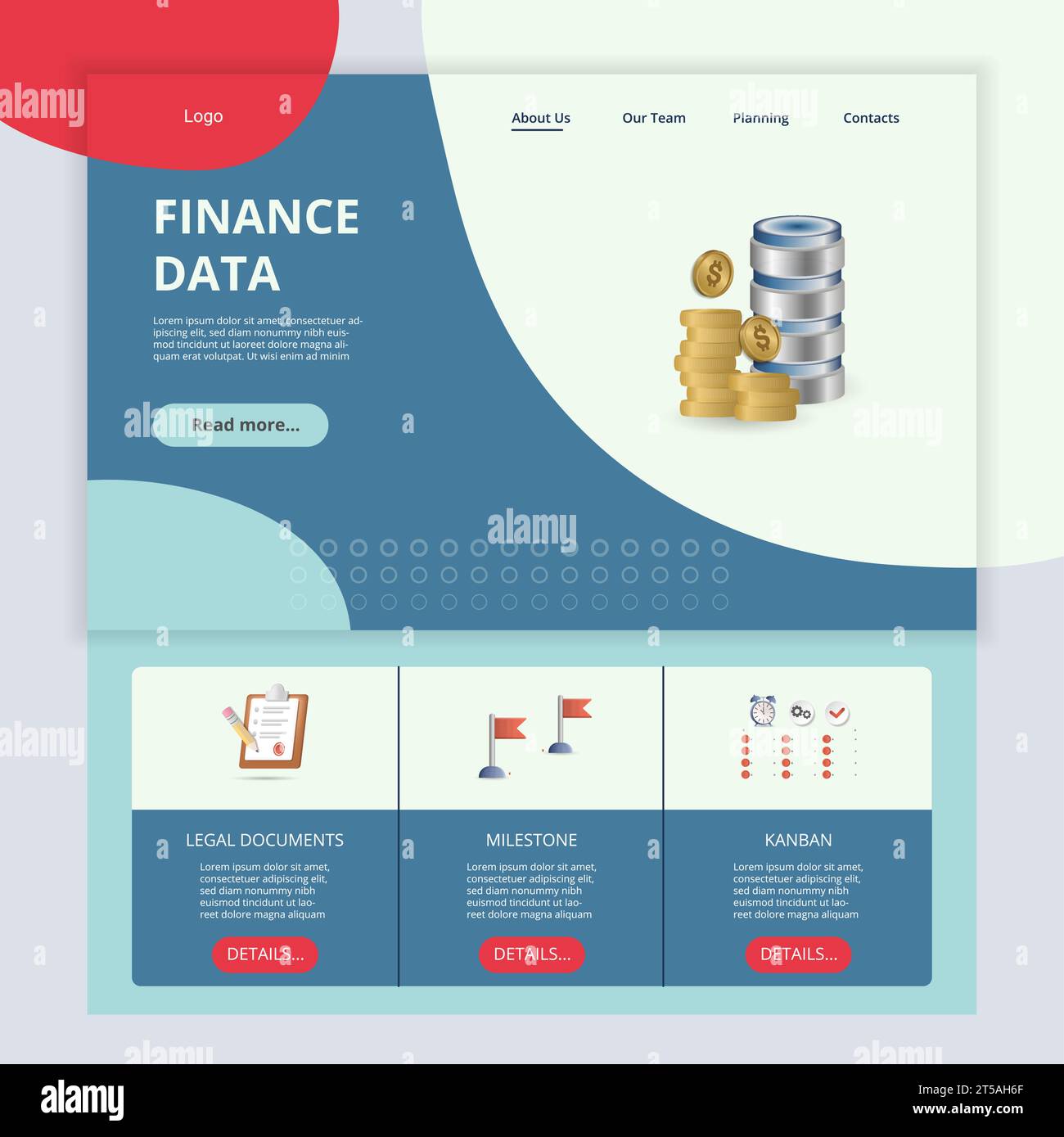 Finance data flat landing page website template. Legal documents, milestone, kanban. Web banner ...