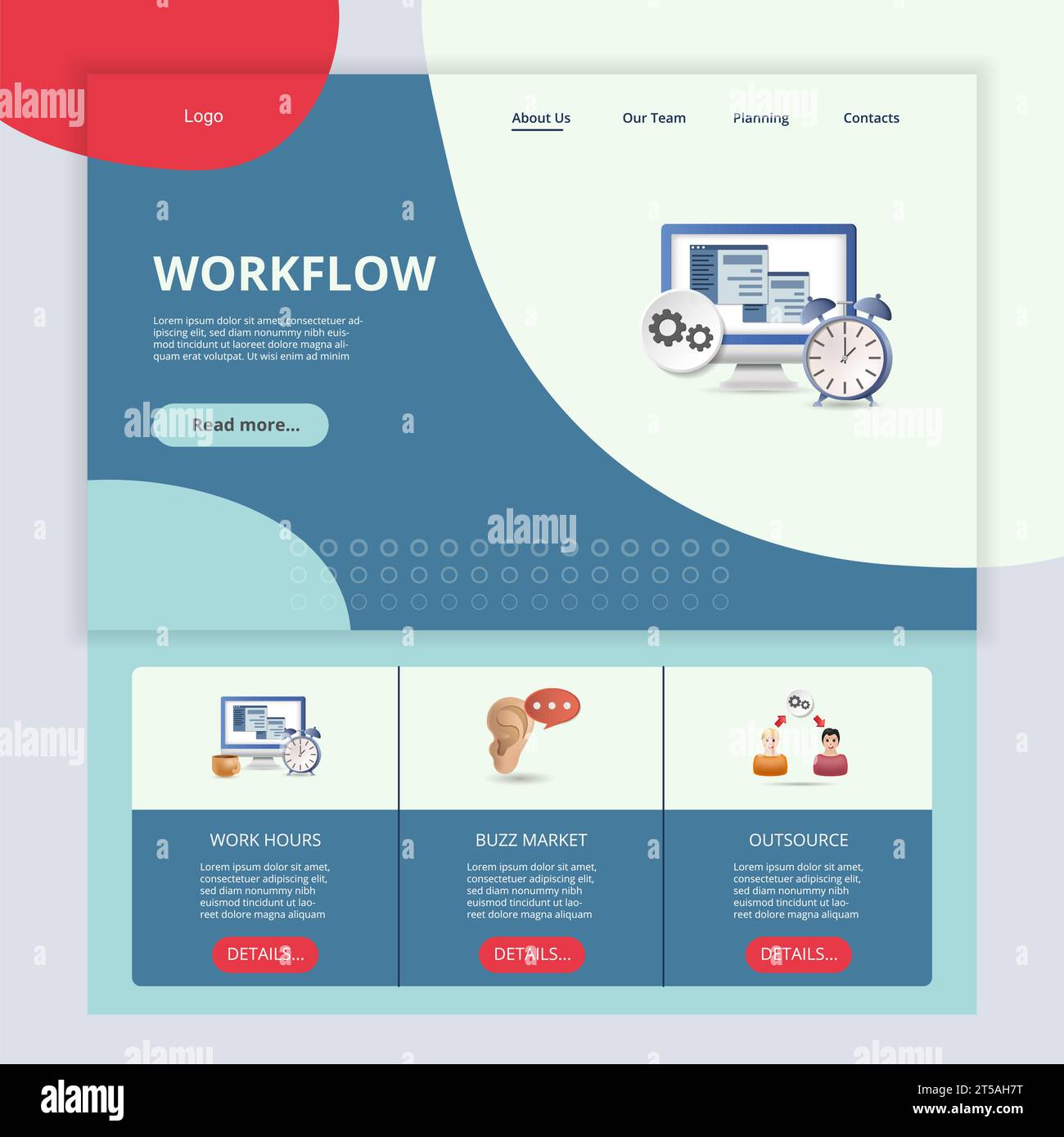 Workflow flat landing page website template. Work hours, buzz market, outsource. Web banner with ...