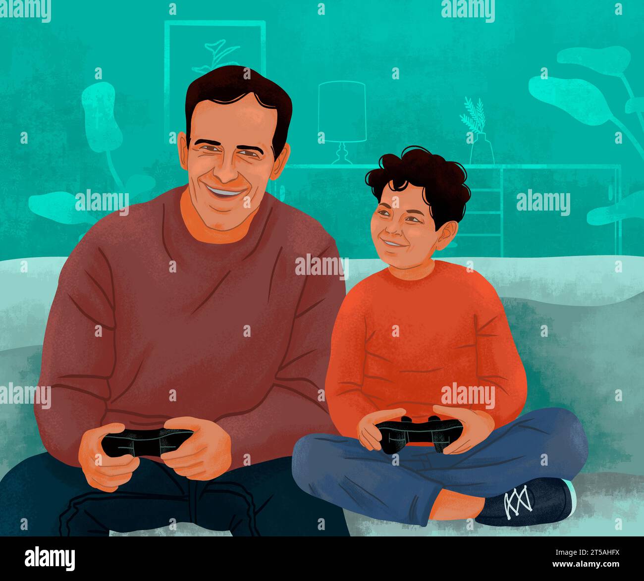 Father and son playing video games, illustration Stock Photo - Alamy