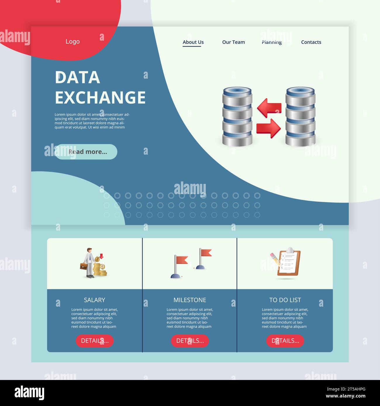 Data exchange flat landing page website template. Salary, milestone, to ...