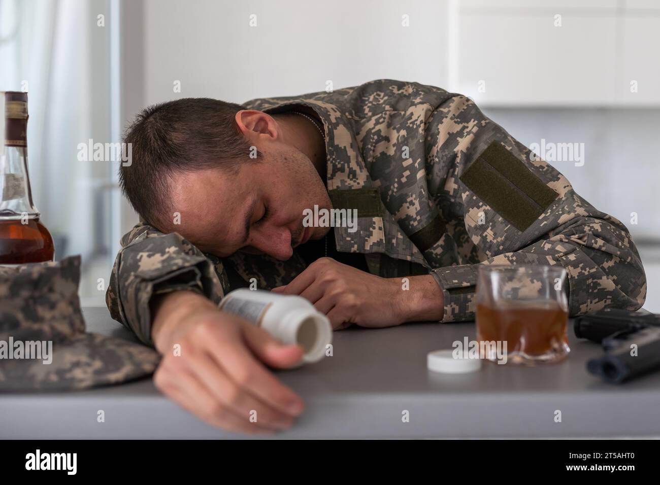 Handsome man wearing white blue shirt sitting by bar counter lying over ...