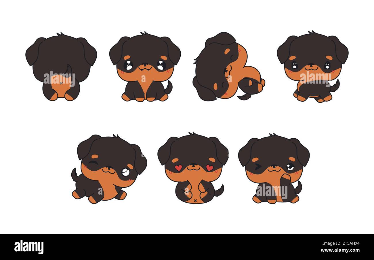 Collection of Vector Cartoon Rottweiler Dog Art. Set of Kawaii Isolated ...