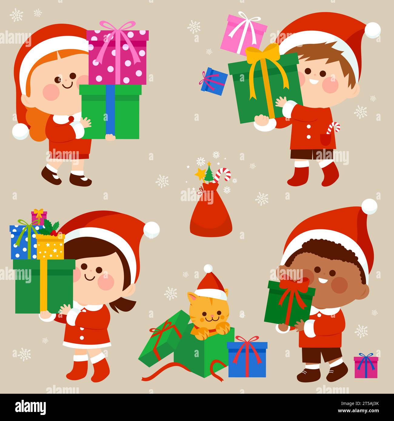 Cute little children with Santa Claus hats holding Christmas presents ...