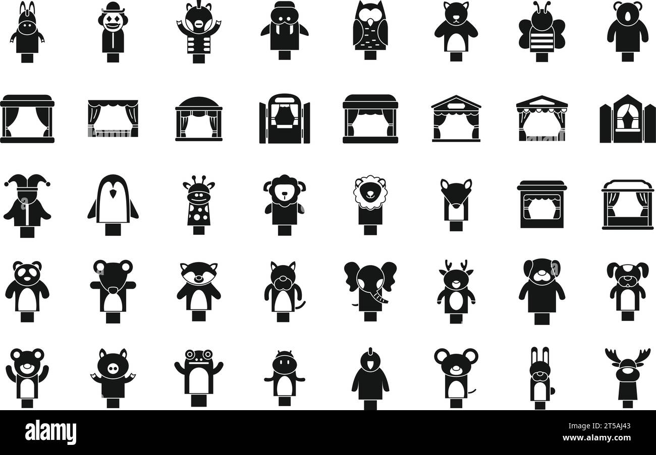 Puppet theater icons set simple vector. Marionette doll kid. Child ...