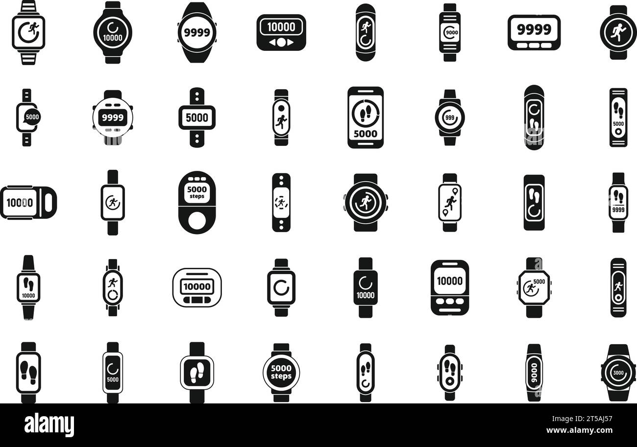 Pedometer icons set simple vector. Woman sport app. Activity tracker ...