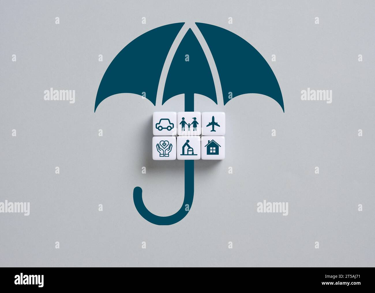 Insurance coverage concept. Umbrella symbol with health, family, car ...