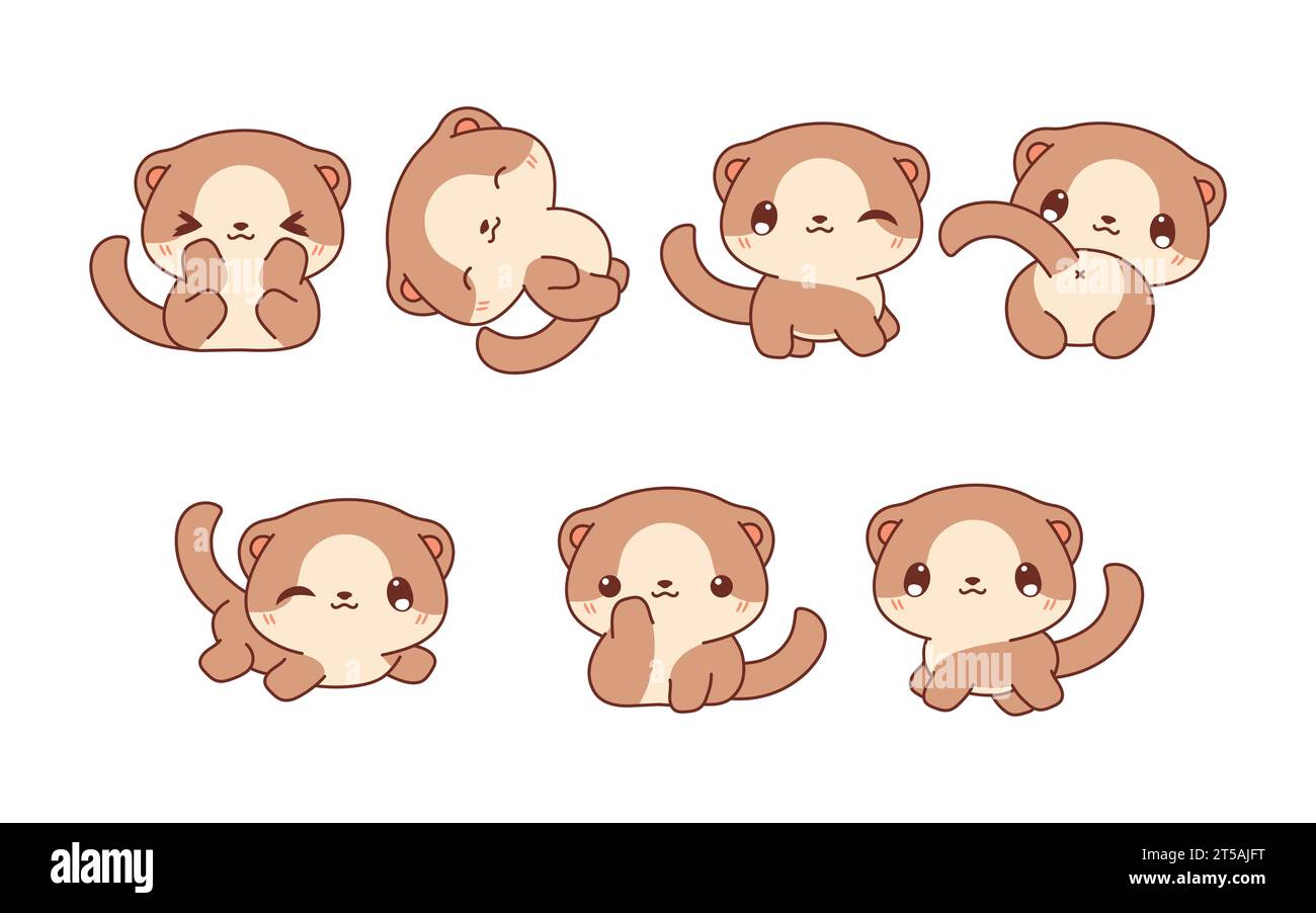 Collection of Vector Cartoon Baby Ferret Art. Set of Kawaii Isolated ...