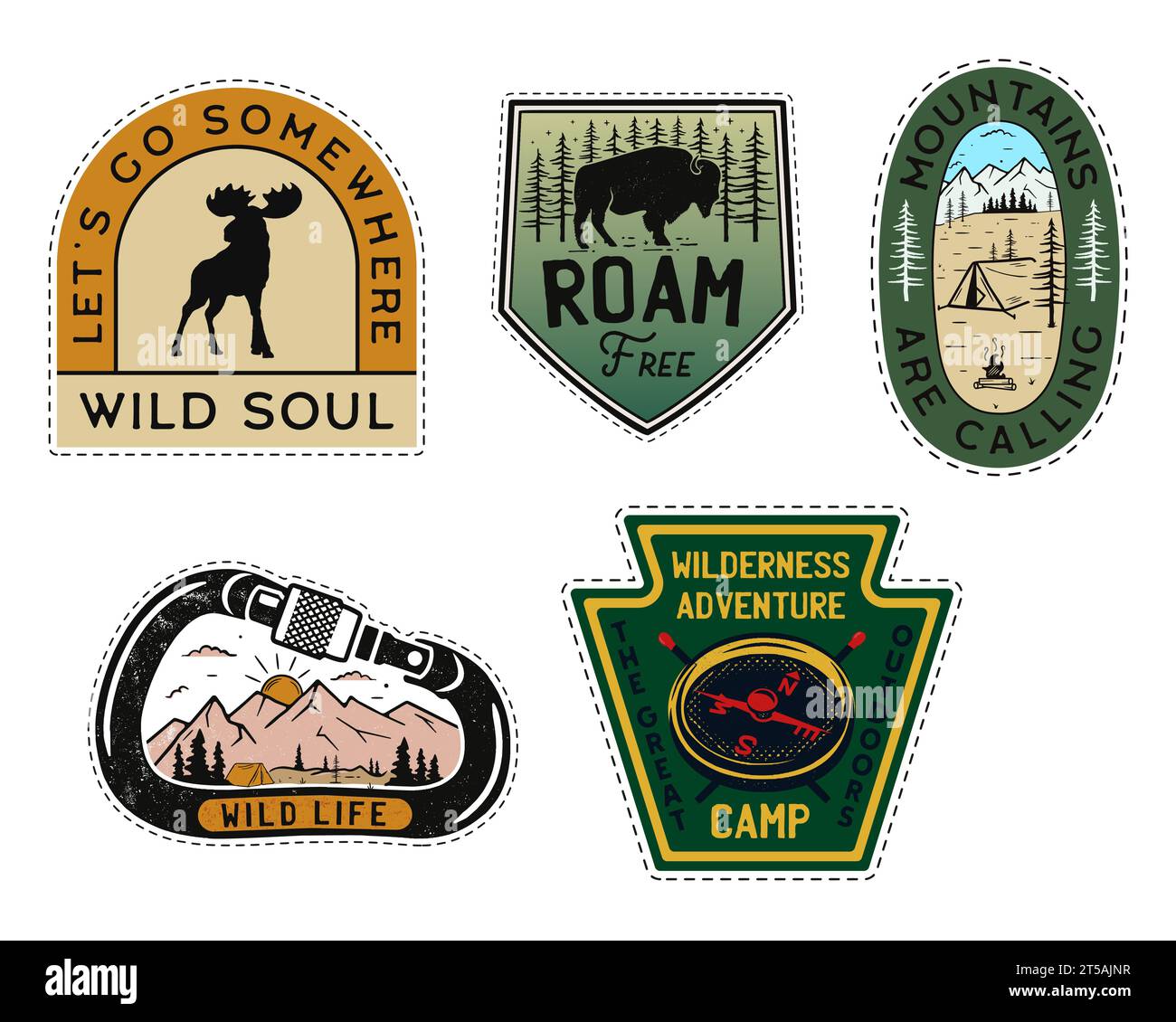 Camping Adventures badges big set designs with mountains, wild animals ...