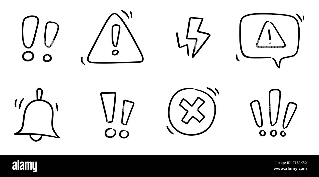 Doodle exclamation mark, alert danger sign set. Scribble hand drawn ...