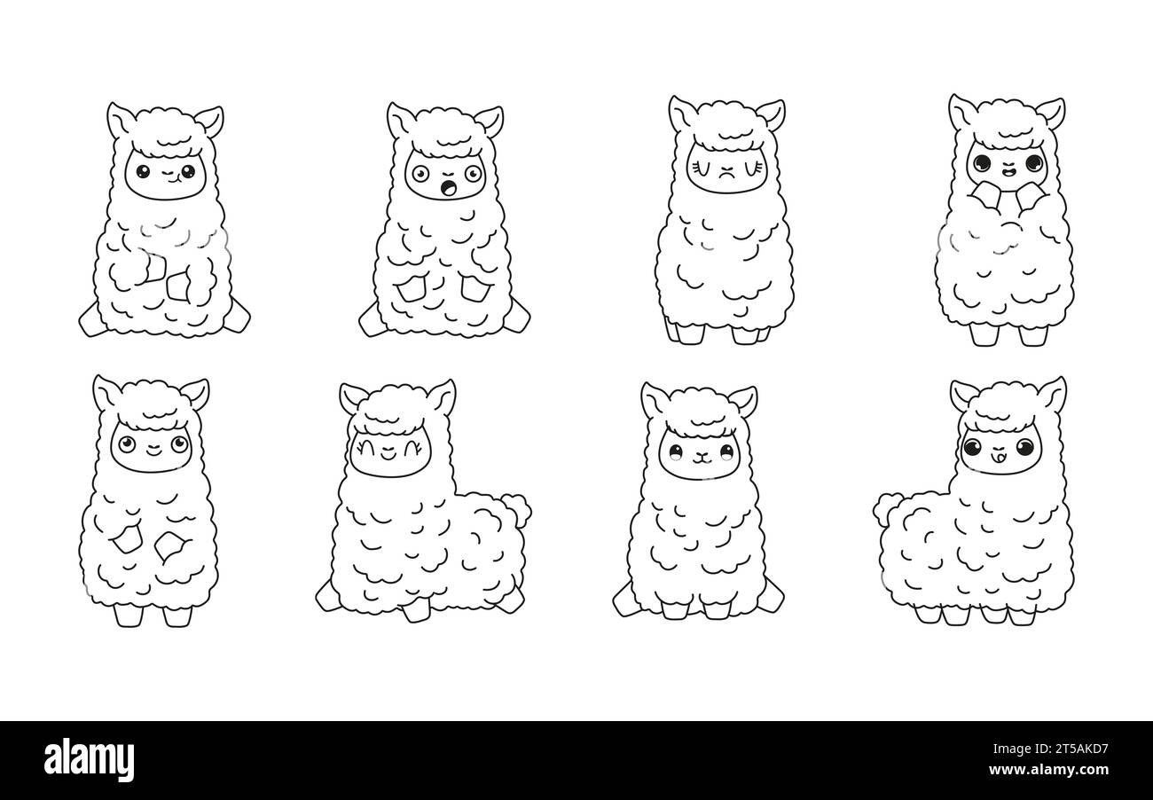 Collection of Vector Cartoon Alpaca Coloring Page. Set of Kawaii ...