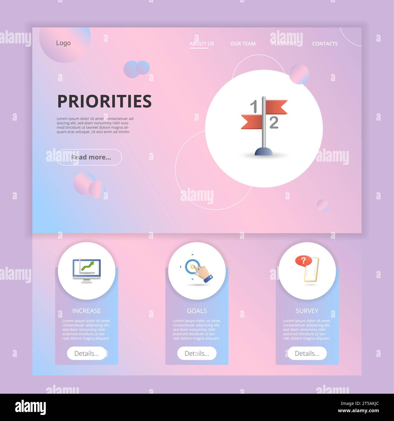 Priorities flat landing page website template. Increase, goals, survey ...