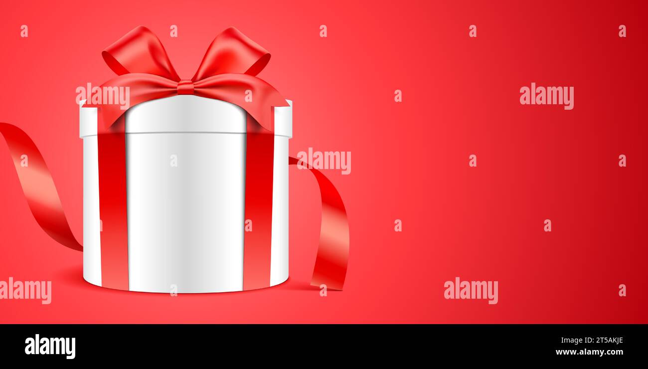 Round white gift box with red ribbon on the horizontal red background ...