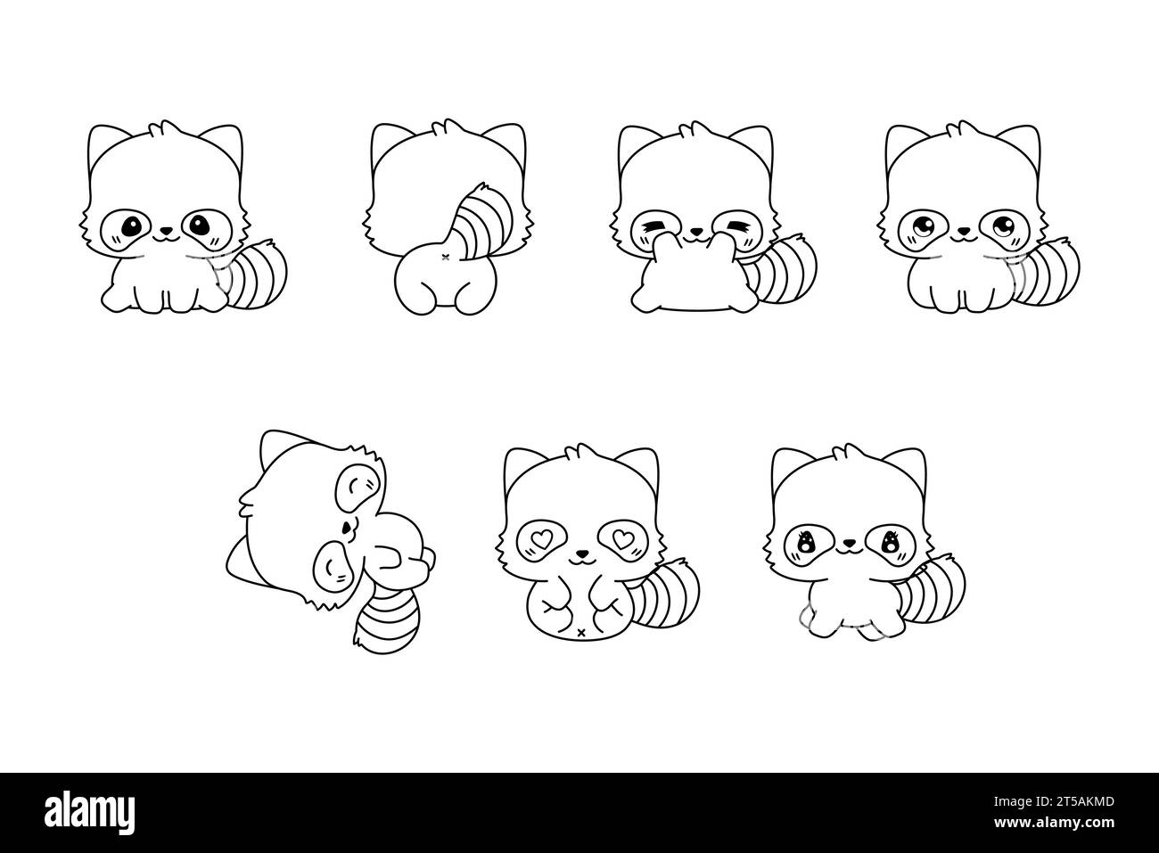 Collection of Vector Cartoon Raccoon Coloring Page. Set of Kawaii ...
