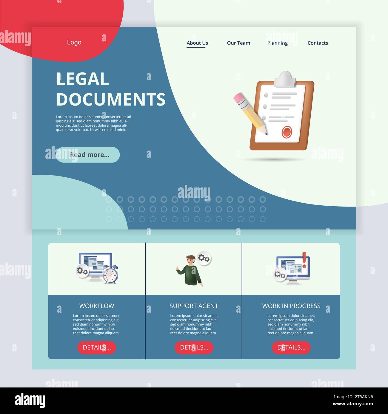 Legal documents flat landing page website template. Workflow, support agent, work in progress ...