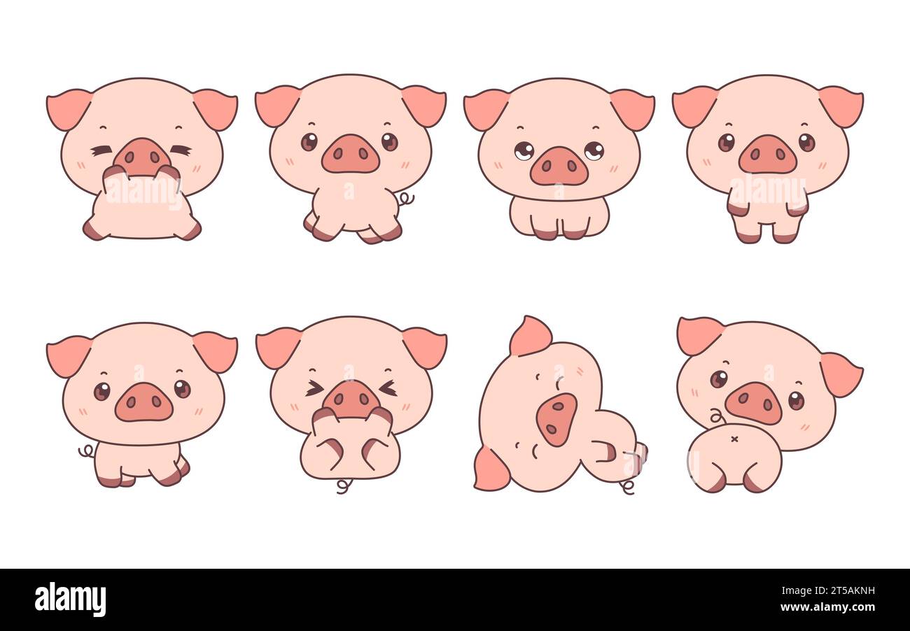 Set of Kawaii Isolated Baby Pig. Collection of Vector Cartoon Farm ...