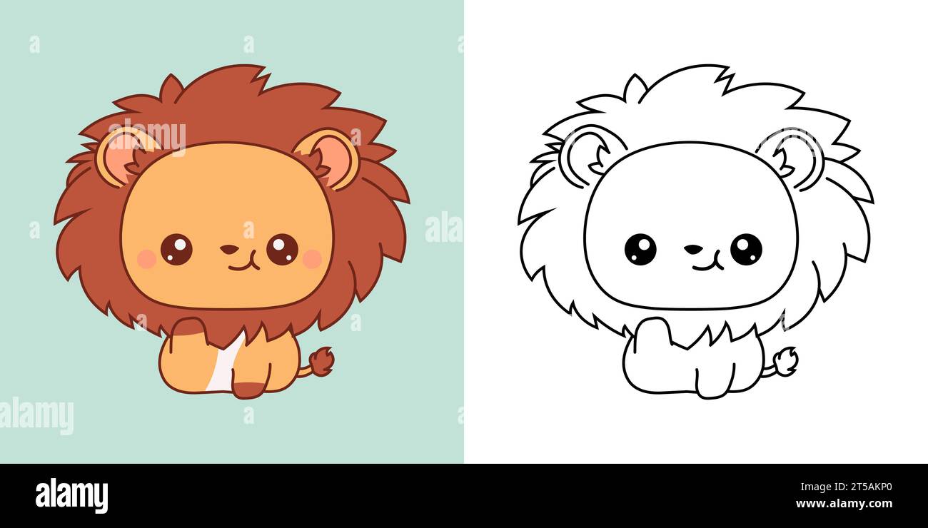 Kawaii Baby Lion Clipart Multicolored and Black and White. Cute Kawaii ...