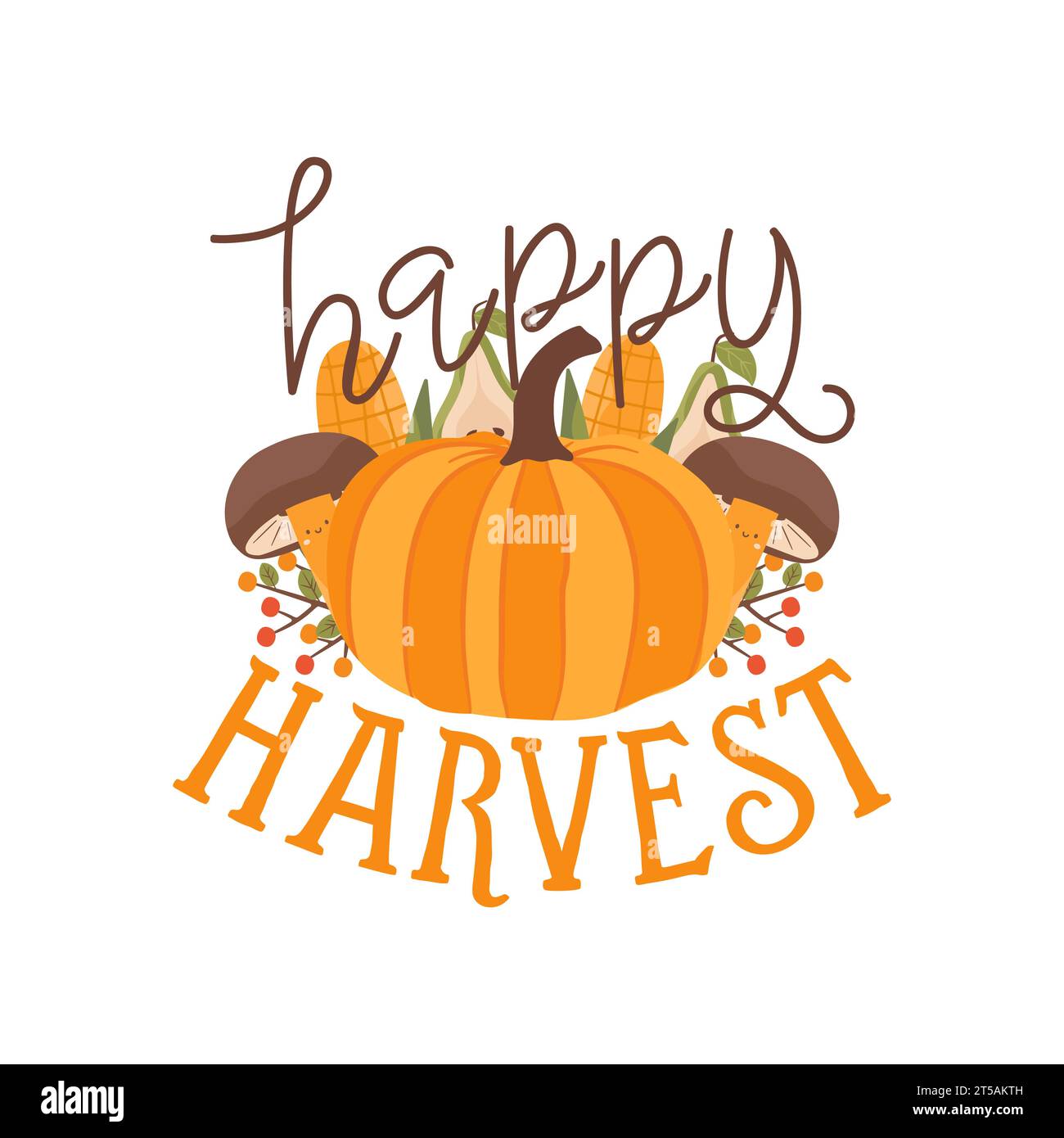 Autumn illustration - Happy harvest quote with pumpkin, mushrooms and ...