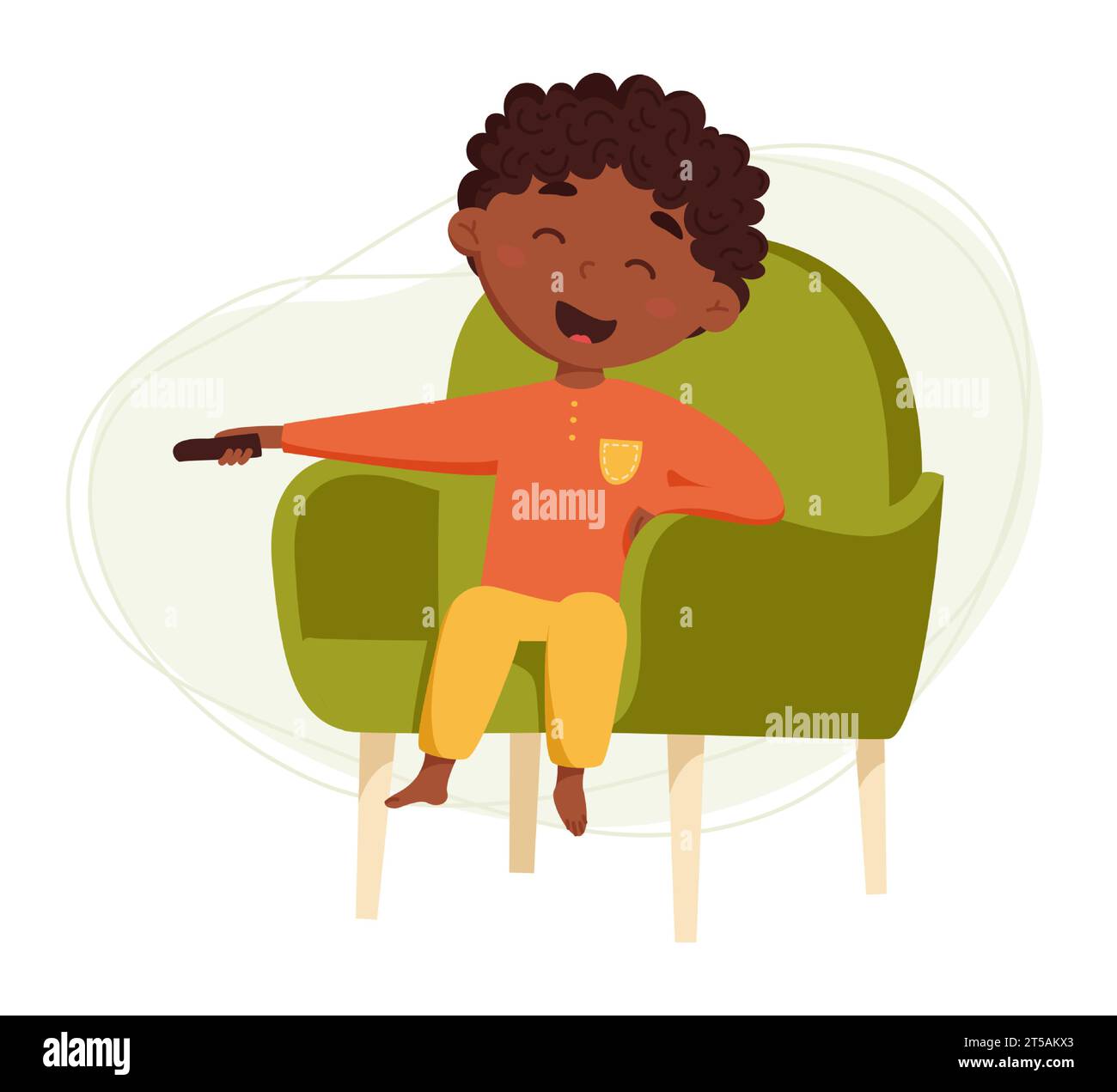 Cute african black boy watching TV vector illustration. Child is ...