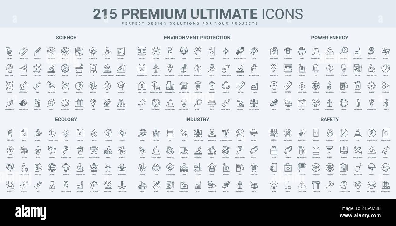 Environment protection, power industry thin black line icons set vector ...