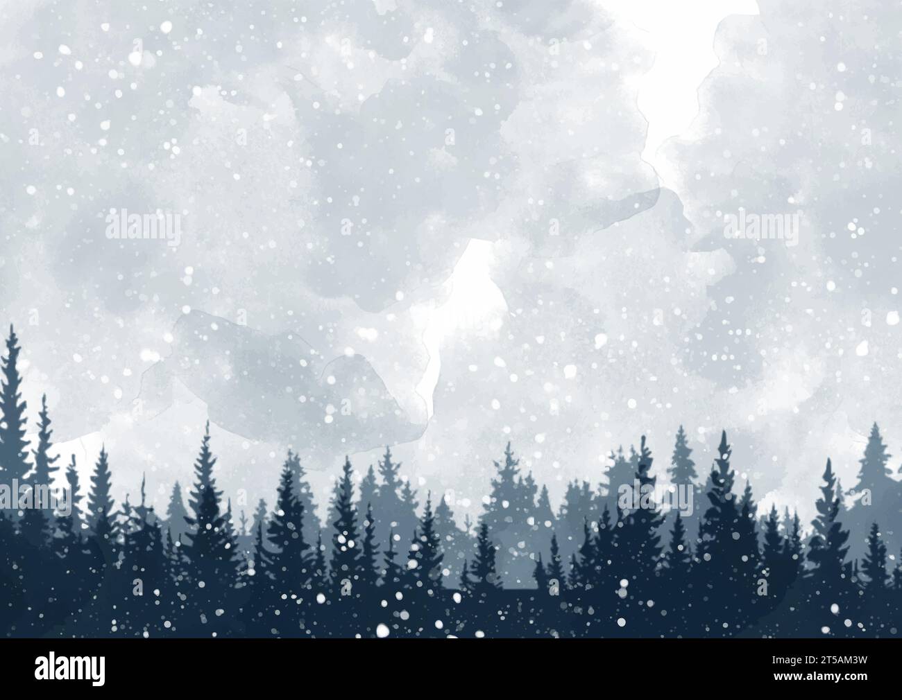 hand painted Christmas watercolour tree landscape with falling snow ...