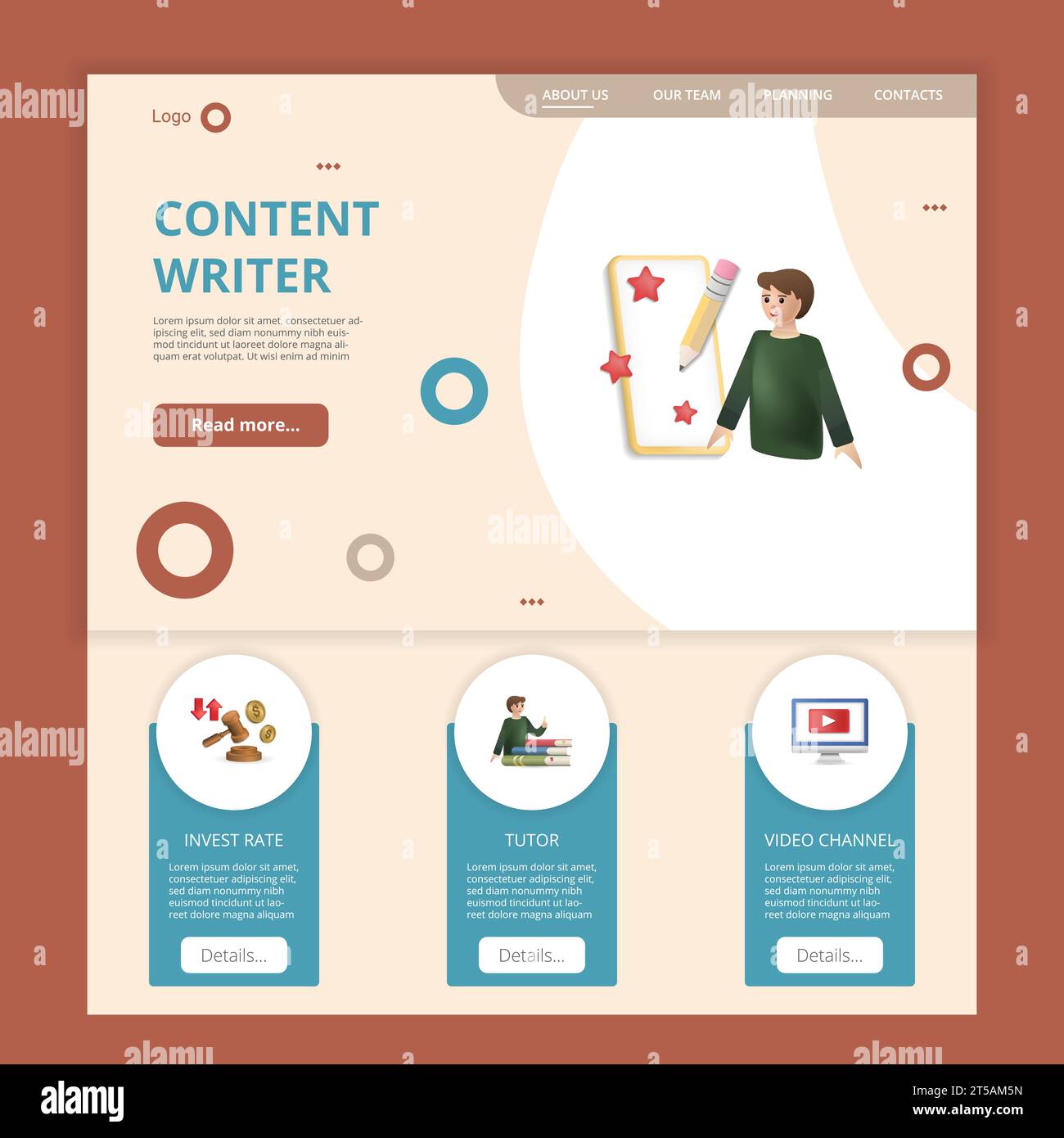 Content writer flat landing page website template. Invest rate, tutor ...