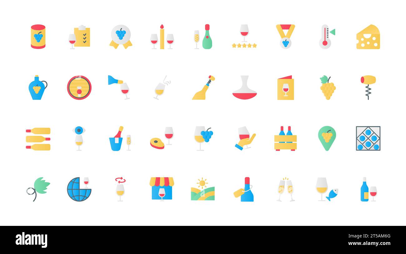 Wine flat icons set vector illustration. Storage and tasting of grape ...