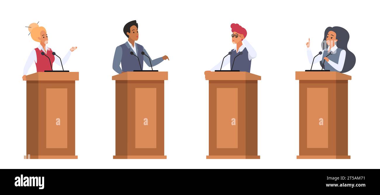Speakers speaking behind podiums with microphones set vector ...
