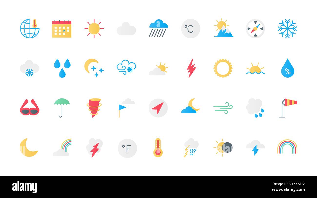 Weather flat icons set vector illustration. Meteorology forecast info ...
